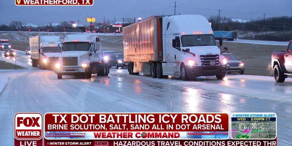 Line of semi-trucks get stuck on icy incline on Interstate 20 in Texas ...