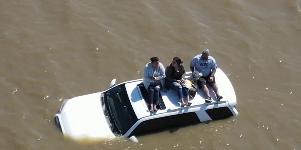 Watch flood rescue: Three people and dog trapped on roof of car in ...