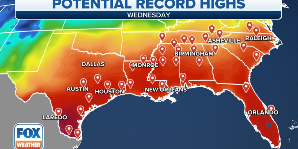 Another day of record warmth expected across the South on Wednesday ...