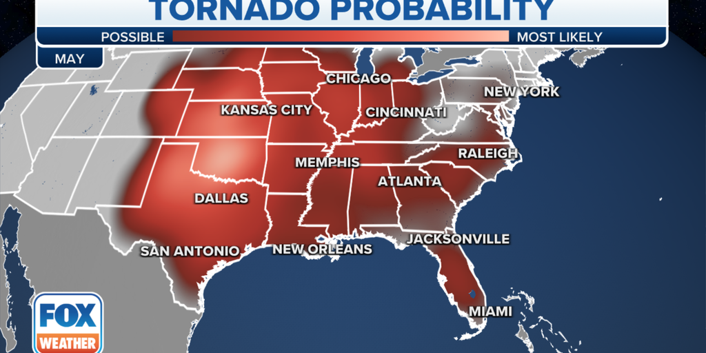 Here's where tornadoes are most likely to occur in each month