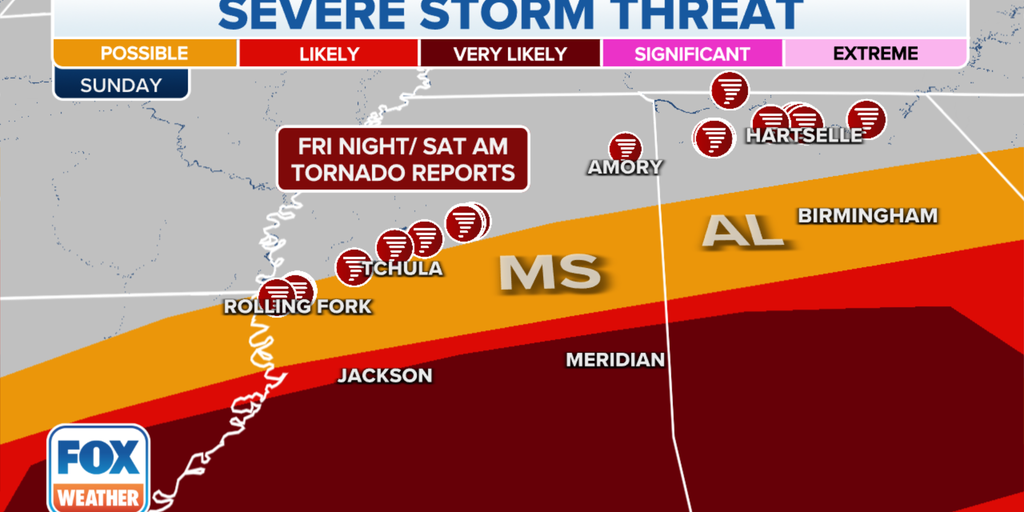 South faces severe weather threat Sunday after Mississippi ravaged by deadly tornado outbreak ...